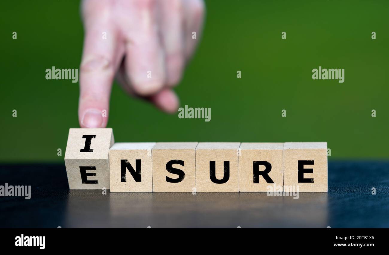 Wooden cubes form the words ensure and insure Stock Photo - Alamy