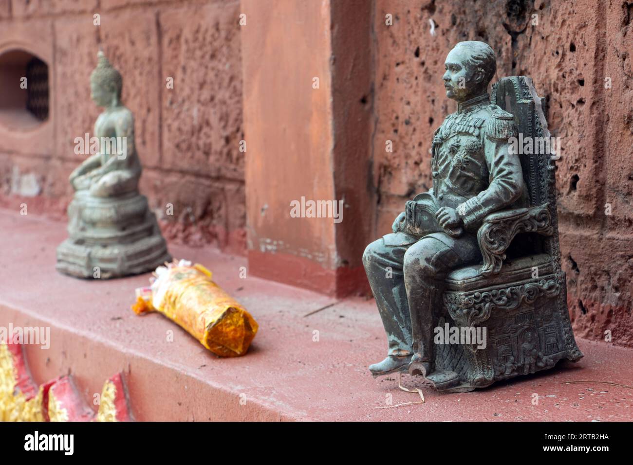 A figurine of King Rama V on the wall of a Buddhist temple, Samut ...