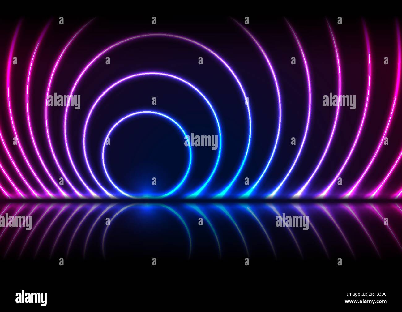 Blue and ultraviolet neon laser circles with reflection. Abstract ...