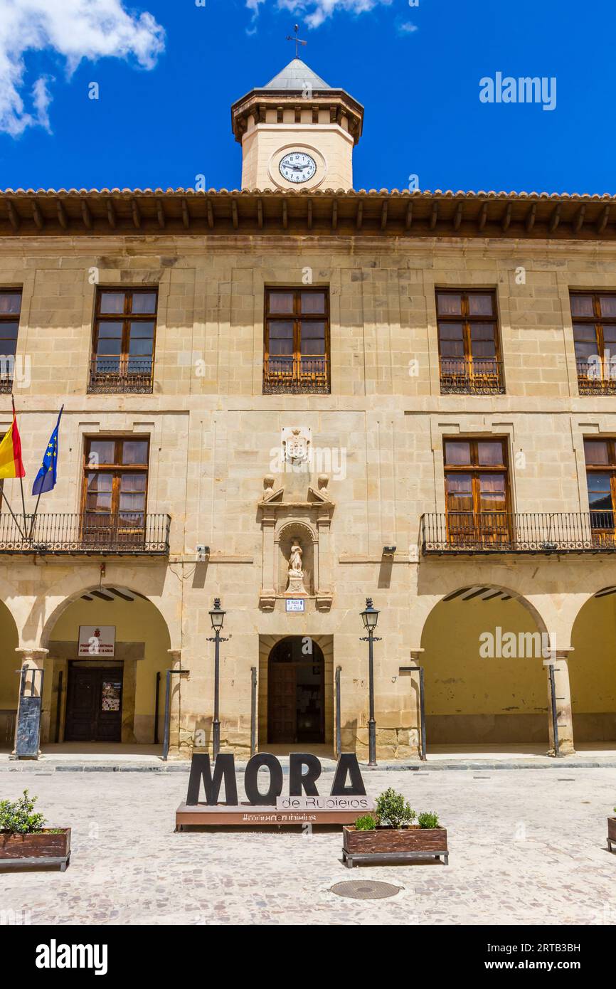 Historic town hall building on the central square of Mora de Rubielos ...