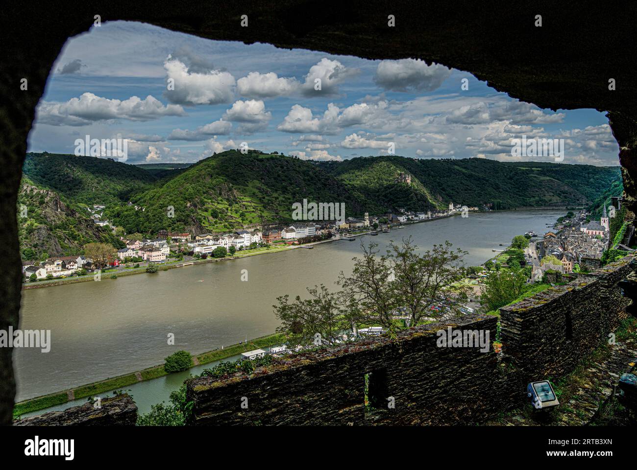 View through a window of Rheinfels Castle on St. Goarshausen and St ...