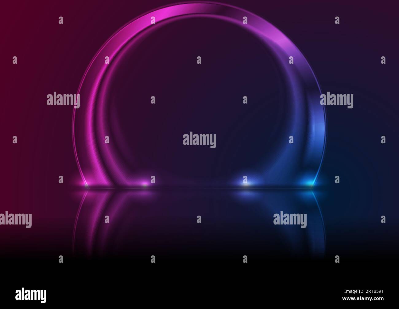 Blue and ultraviolet neon laser circle arch with reflection. Abstract ...