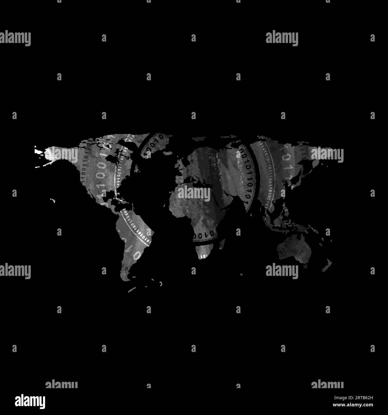 Dark Grunge World Map With Round Binary Code Elements Abstract