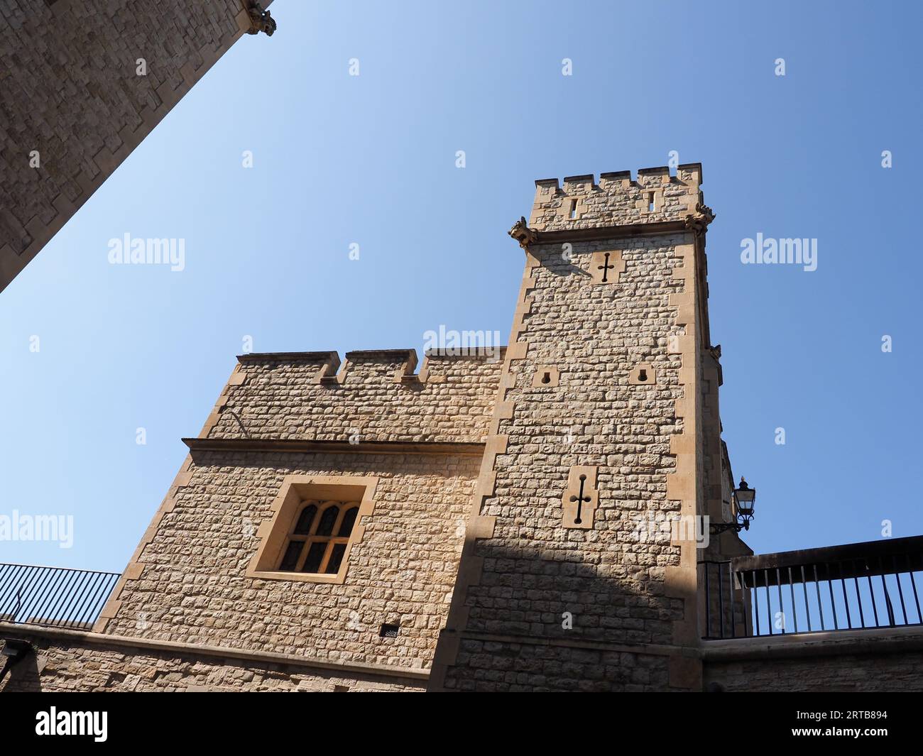 Details of a stonework tower showing gargoyles in the famous tower of ...