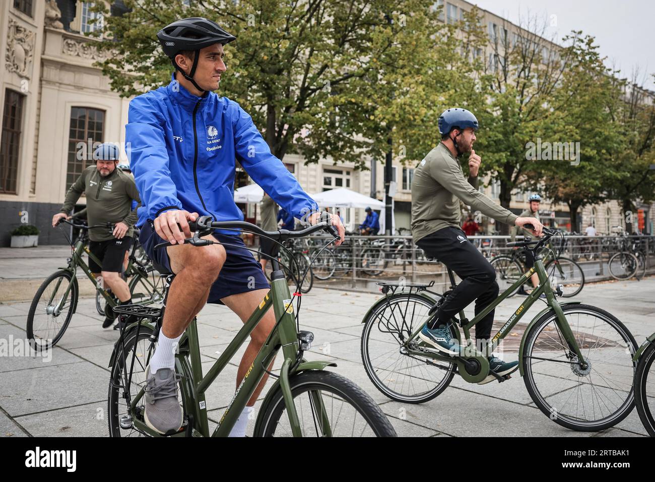 Gent, Belgium. 12th Sep, 2023. Players and staff of KAA Gent ride their ...