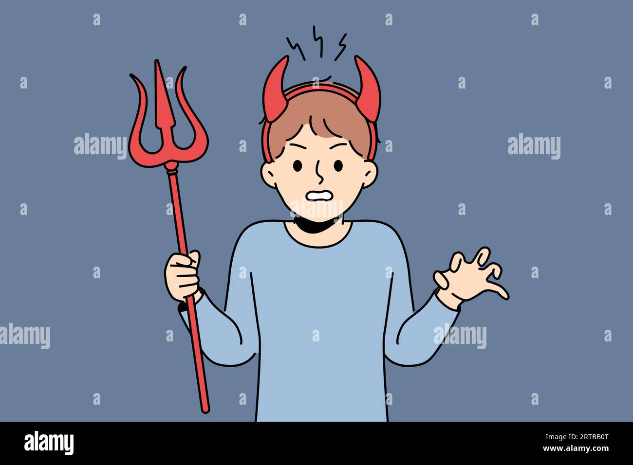 Little bully boy with devil horns makes evil grimace and terrorizes ...