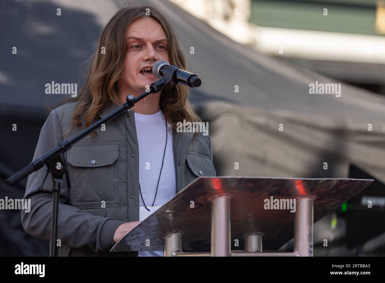 London, UK. 9th September, 2023. Singer-songwriter Jamie Webster speaks ...