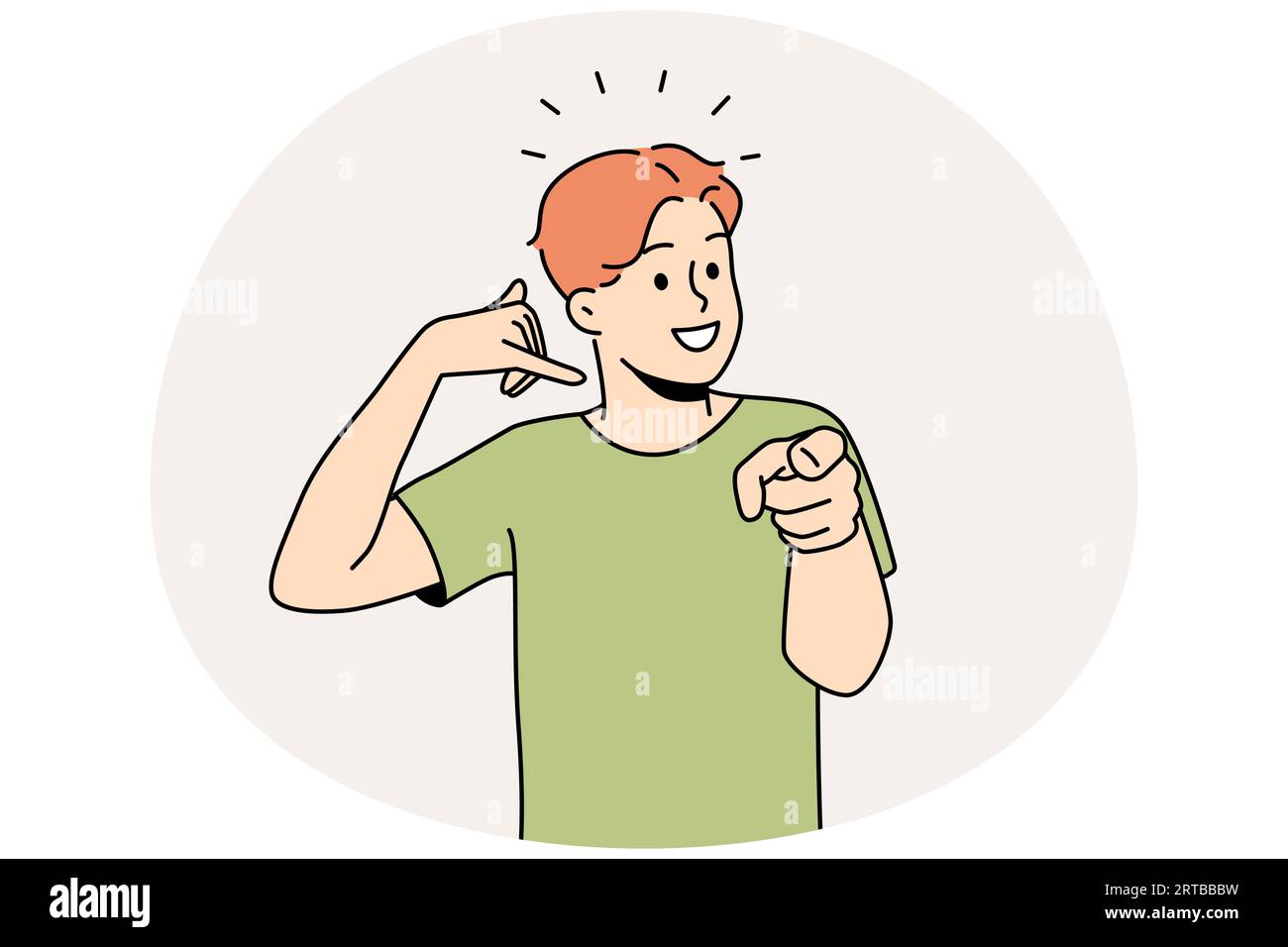 Smiling guy making hand gesture asking to call back. Happy man ...