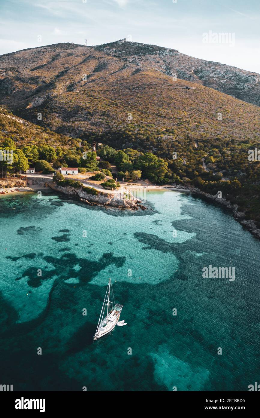 ITALY, SARDINIA 2023: Aerial view of the famous Cala Moresca beach ...