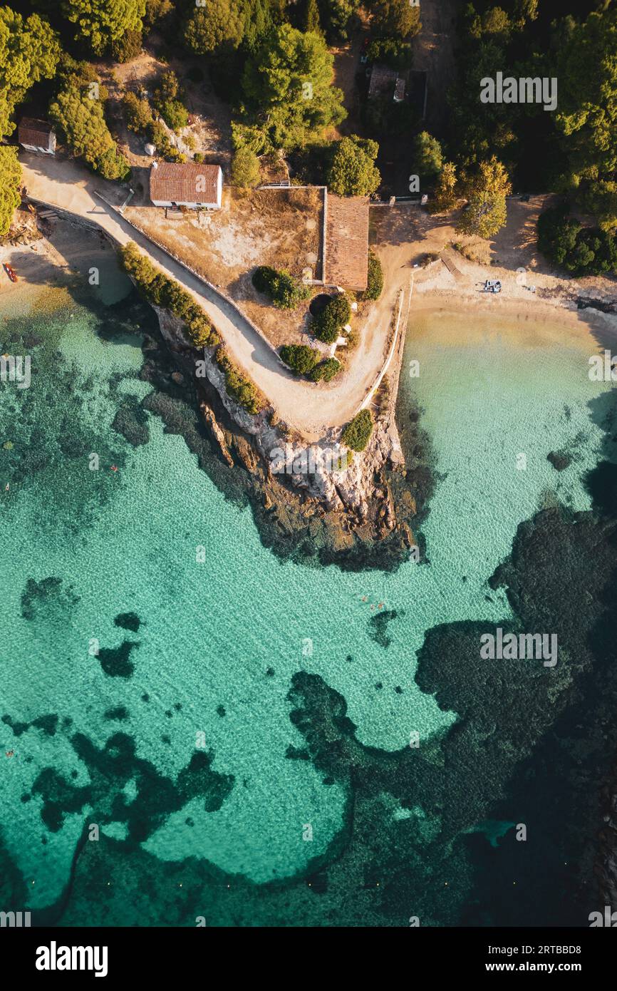 ITALY, SARDINIA 2023: Aerial view of the famous Cala Moresca beach ...