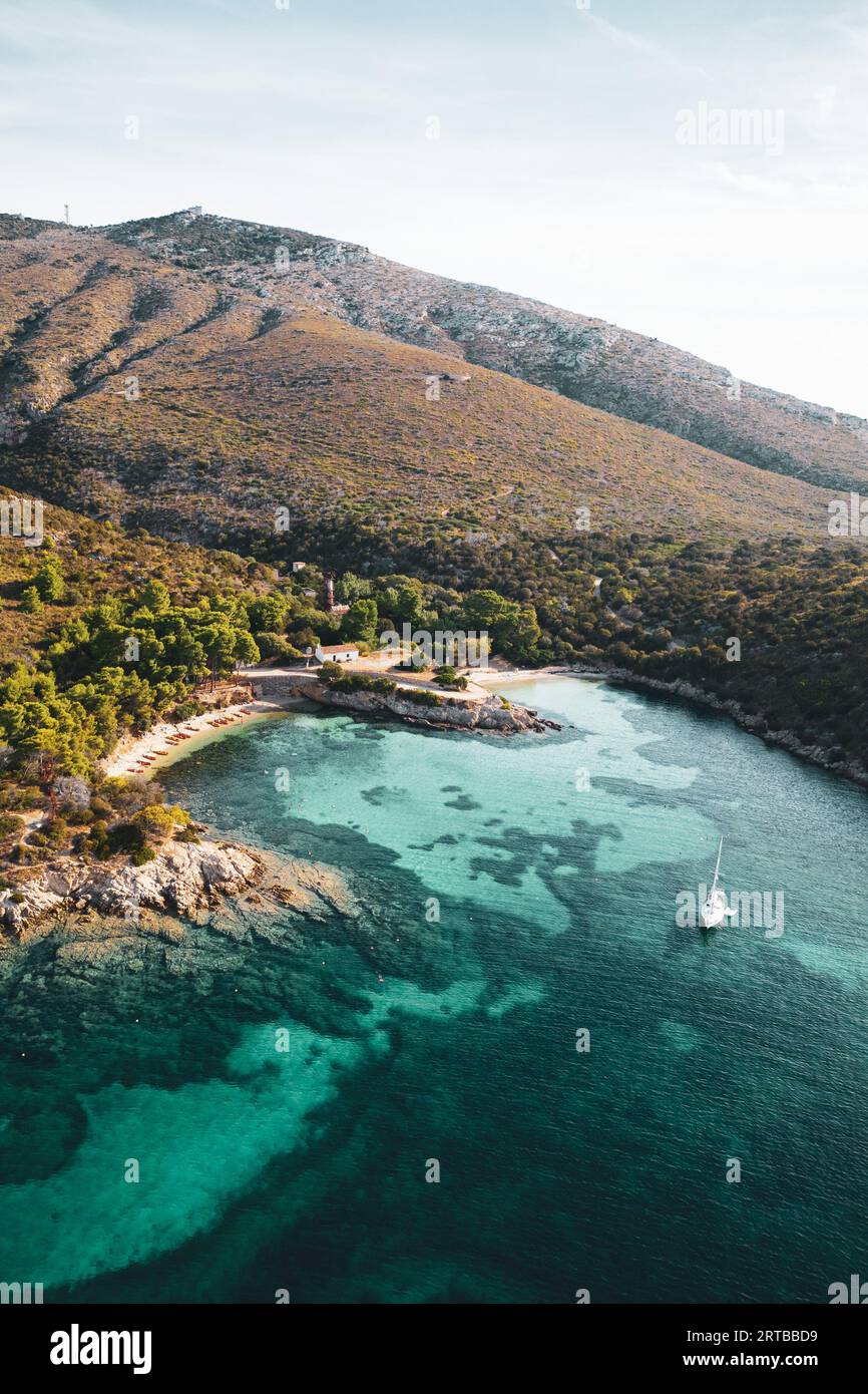 ITALY, SARDINIA 2023: Aerial view of the famous Cala Moresca beach ...