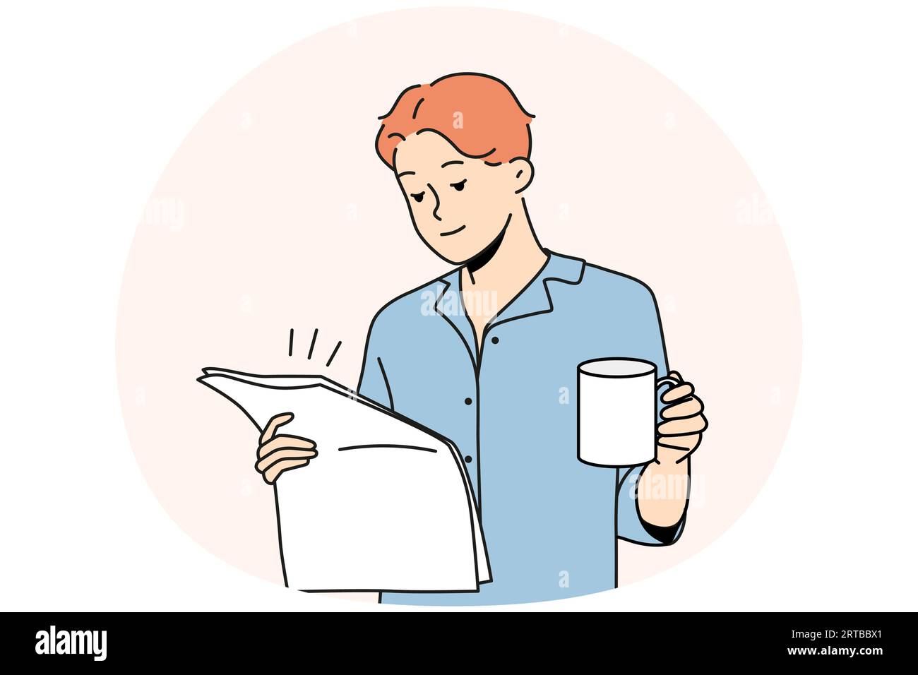 Happy young man in pyjama drinking coffee reading newspaper. Smiling ...