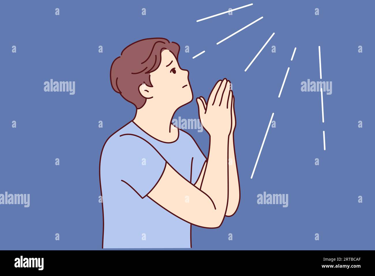 Man prays to god looking at sun in sky or light shining from window in ...