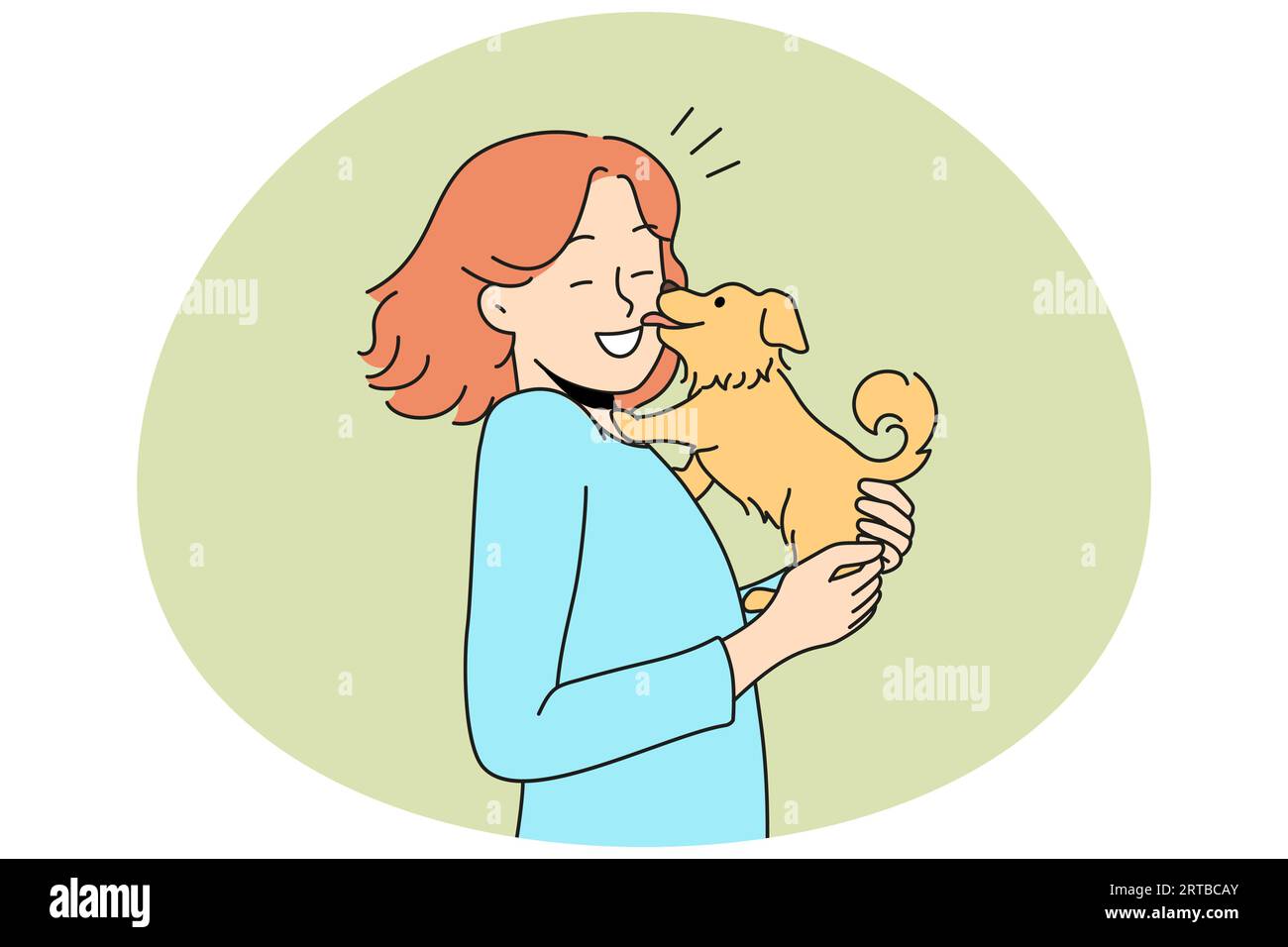 Happy young woman with cute dog in hands. Funny puppy lick smiling ...