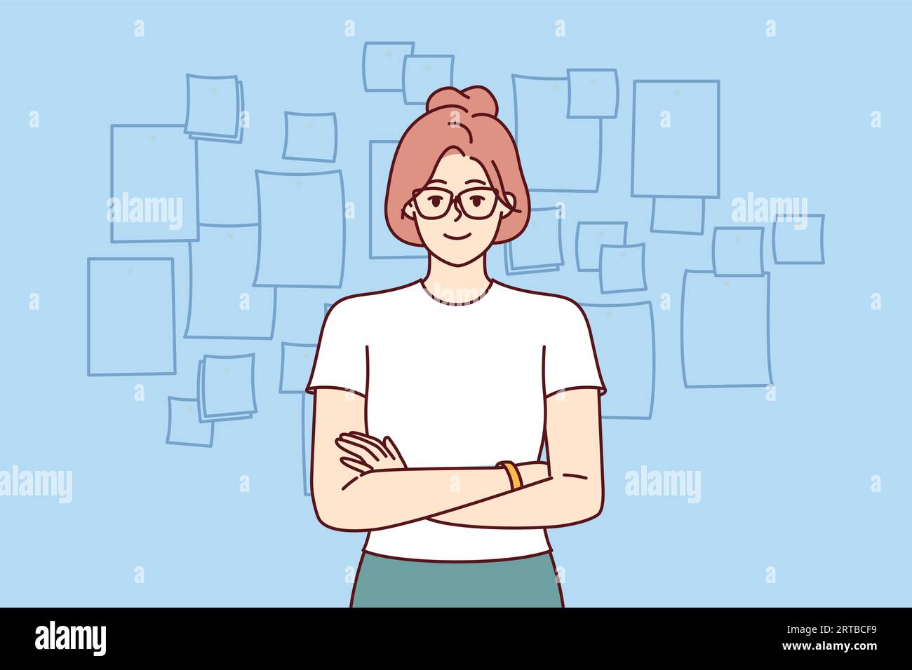 Confident business woman manager stands with arms crossed near kanban ...