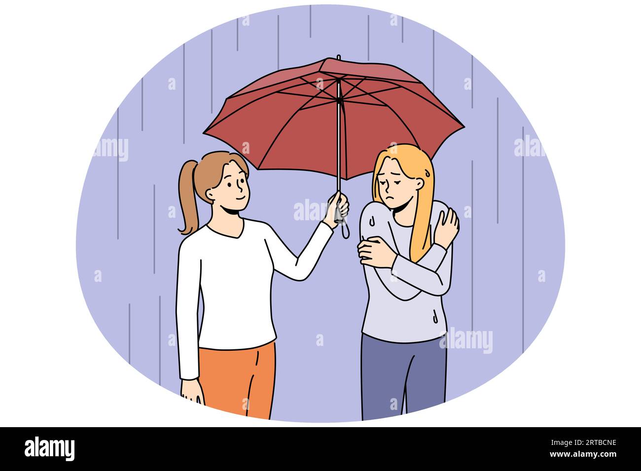 Happy caring woman help unhappy wet friend share umbrella. Smiling attentive female show support ...