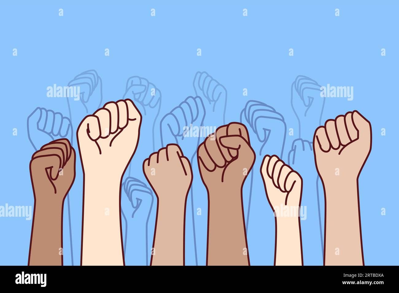 Hands of diverse people raising fists in protest and calling for ...