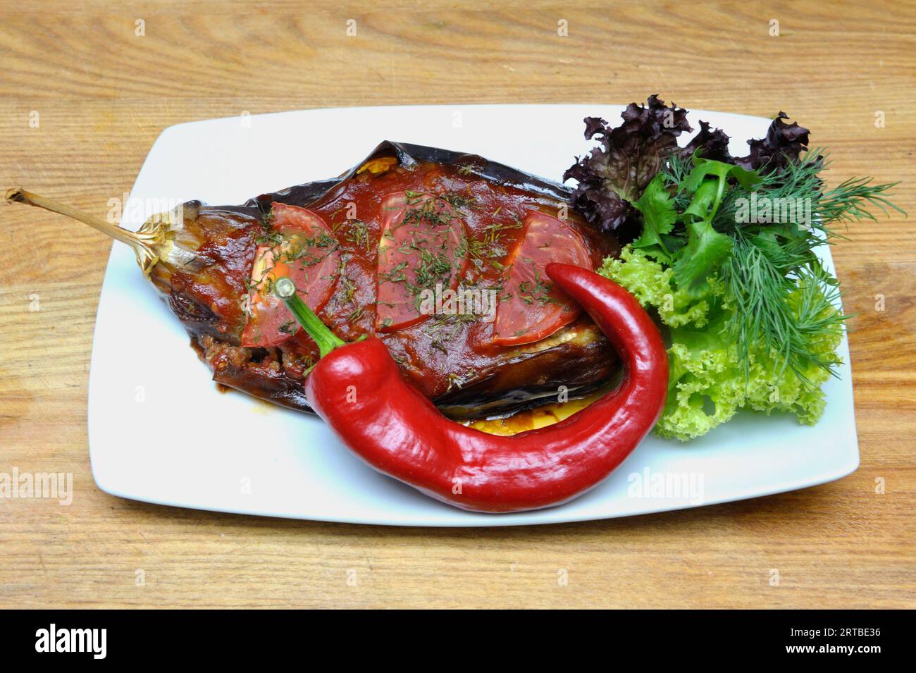 Crimean Tartar dish Imam Bajldy meat braised eggplant, stuffed with ...