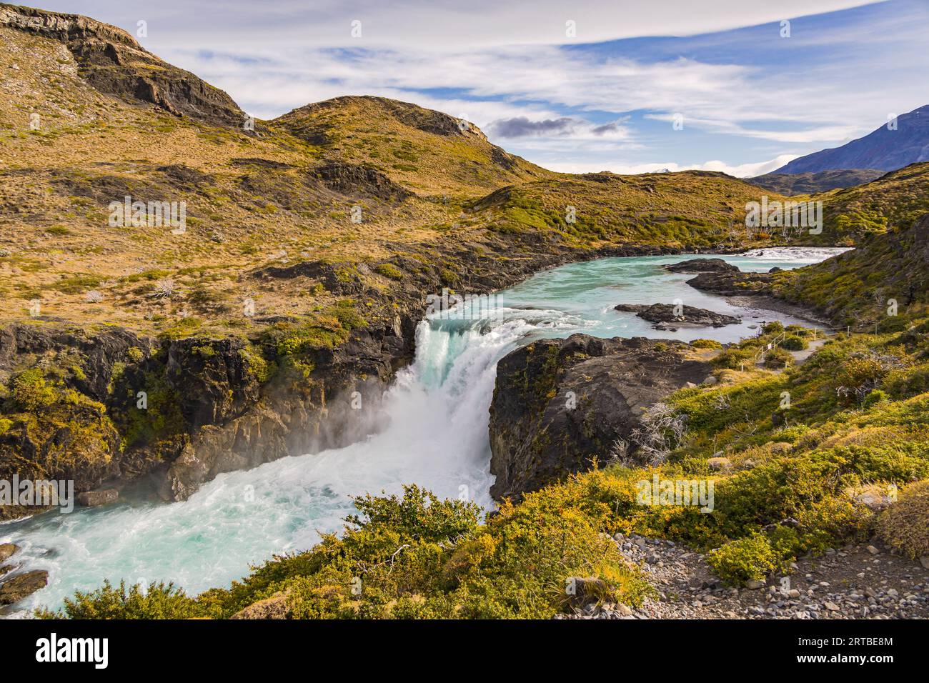 The waterfall and spray at Salto Grande on the Rio Paine River on Lago ...