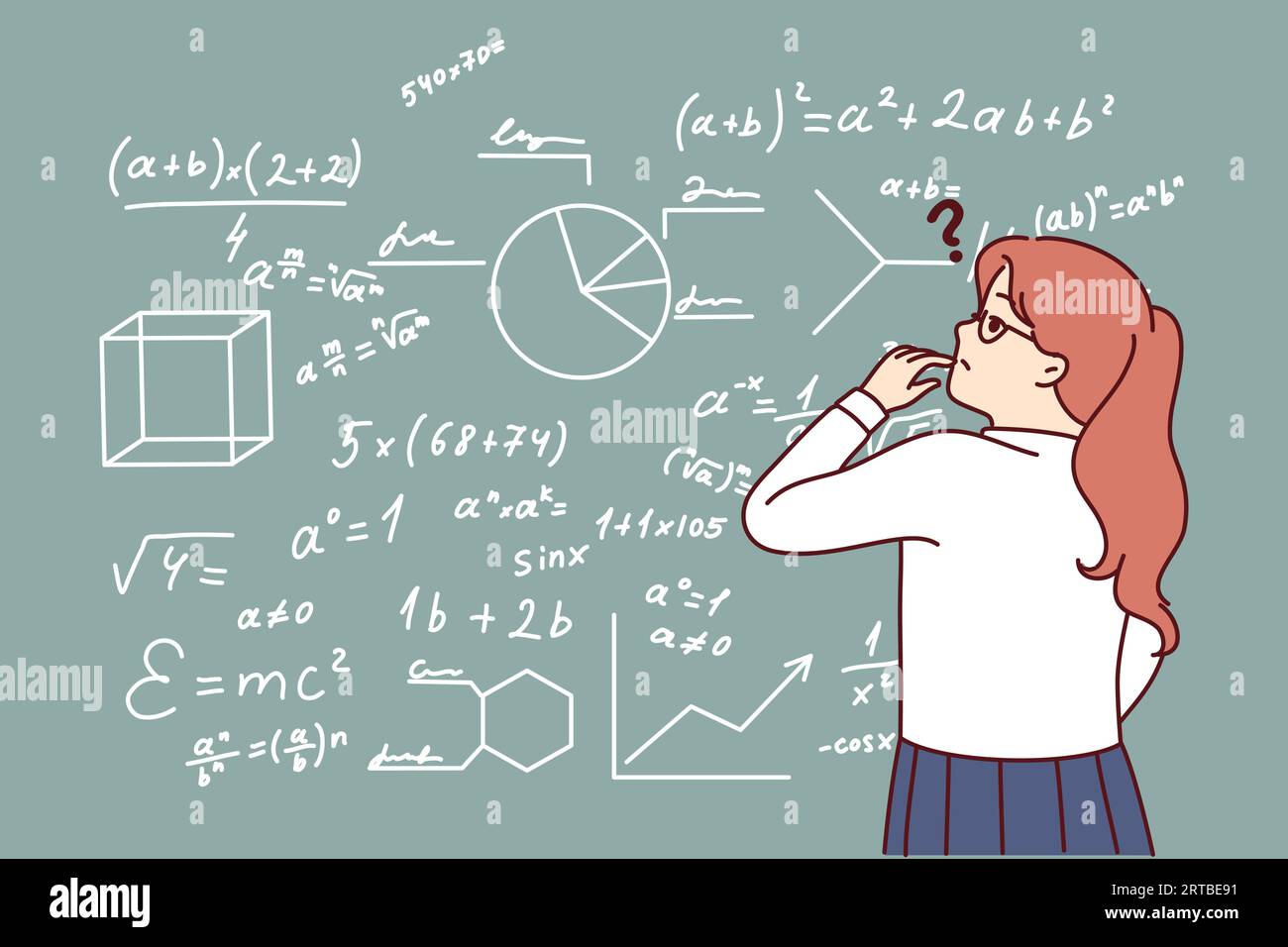 Little girl stands near school chalk board with formulas and tries to ...