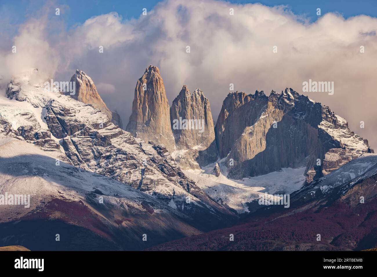 The rocks and granite towers in the Torres del Paine mountain range in ...