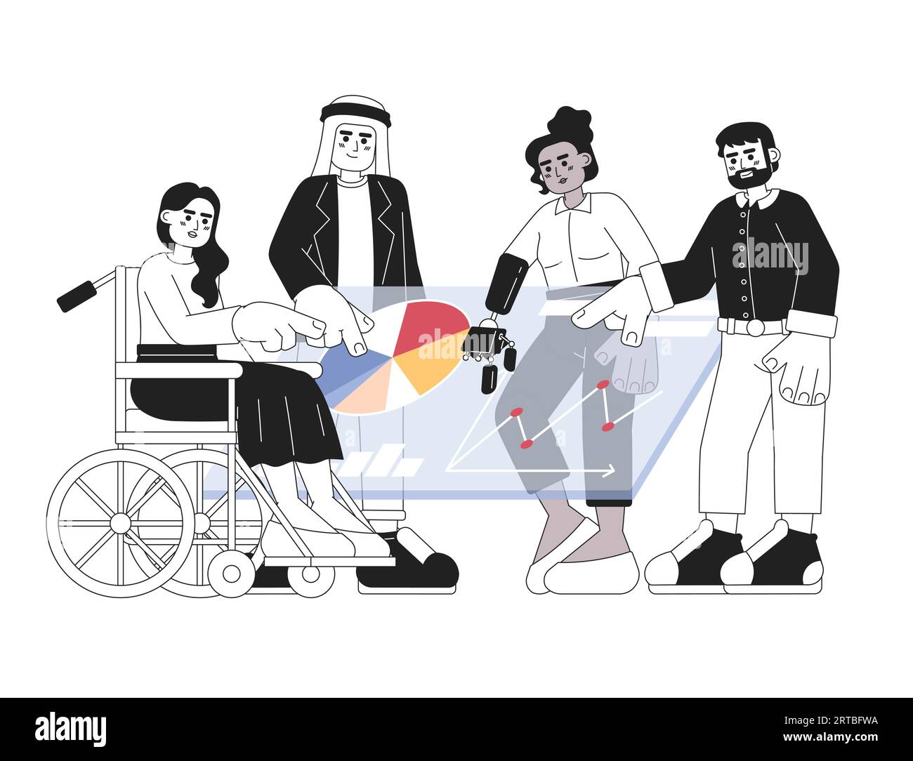 Collaboration co-workers black and white cartoon flat illustration ...