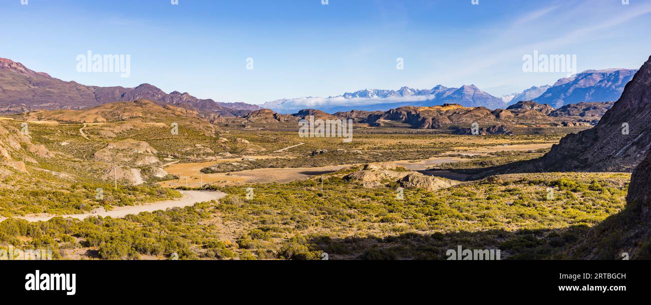 Panorama with the peaks of the Andes at Ruta 265 along Lago General ...