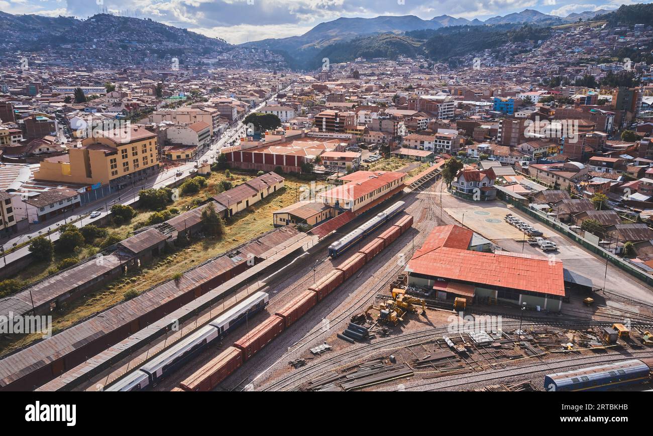 Aerial view of a railway station Wanchaq, Peru Rail, Cusco Peru Stock ...