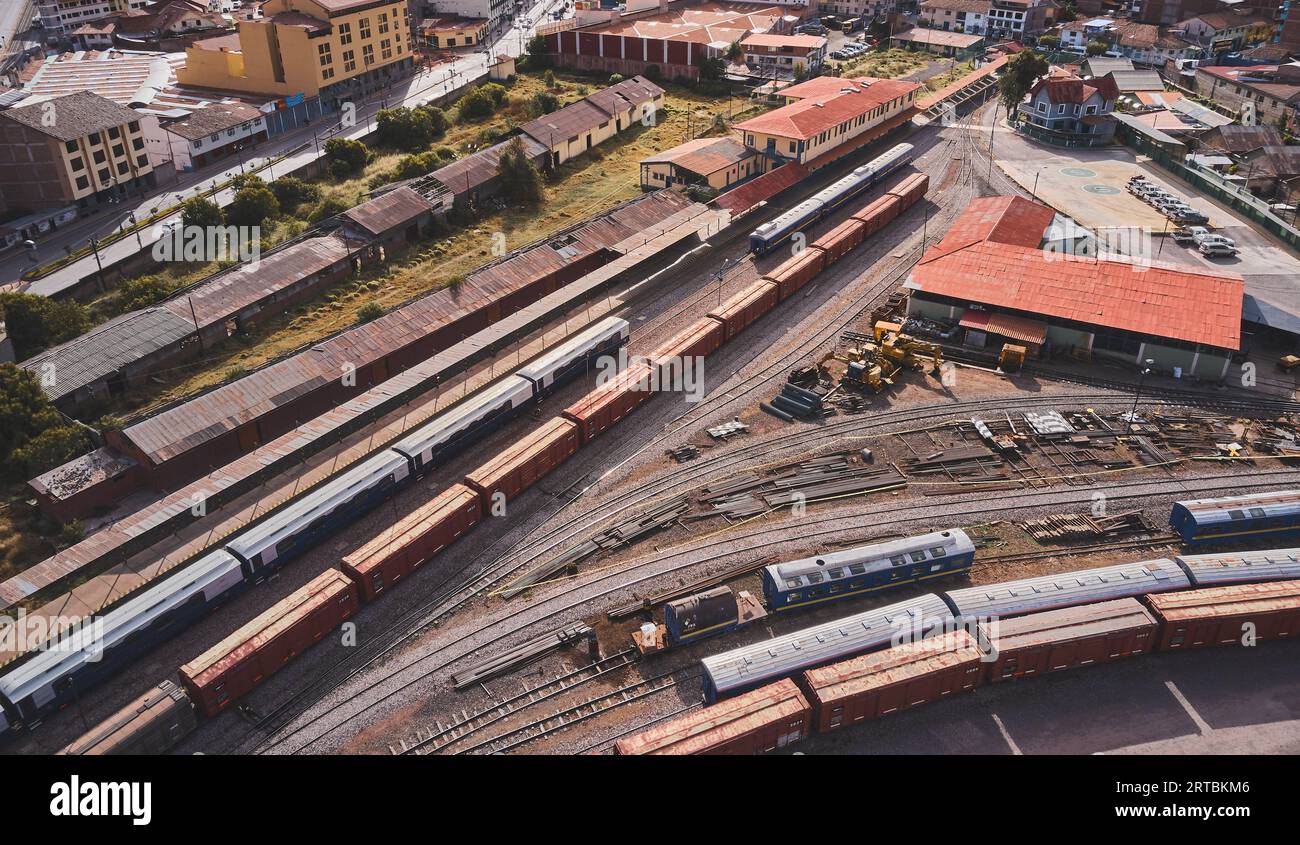 Aerial view of a railway station Wanchaq, Peru Rail, Cusco Peru Stock ...