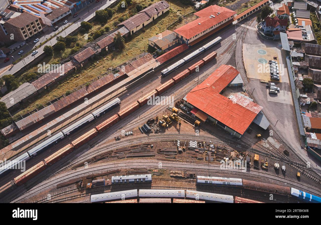 Aerial view of a railway station Wanchaq, Peru Rail, Cusco Peru Stock ...