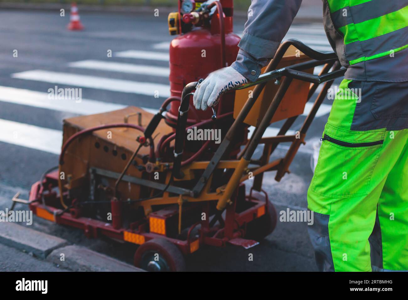 Process of making new road surface markings with a line striping ...
