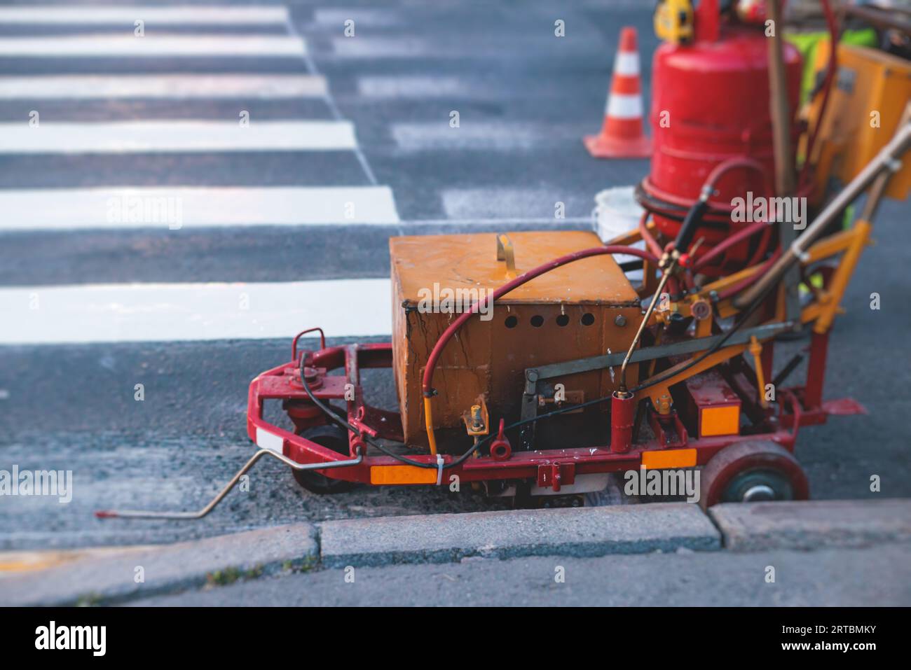 Process of making new road surface markings with a line striping ...