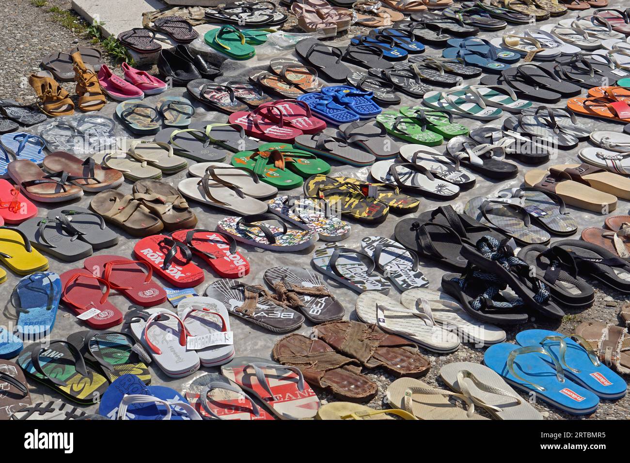 Belgrade, Serbia - May 16, 2020: Used old second hand flip flops ...