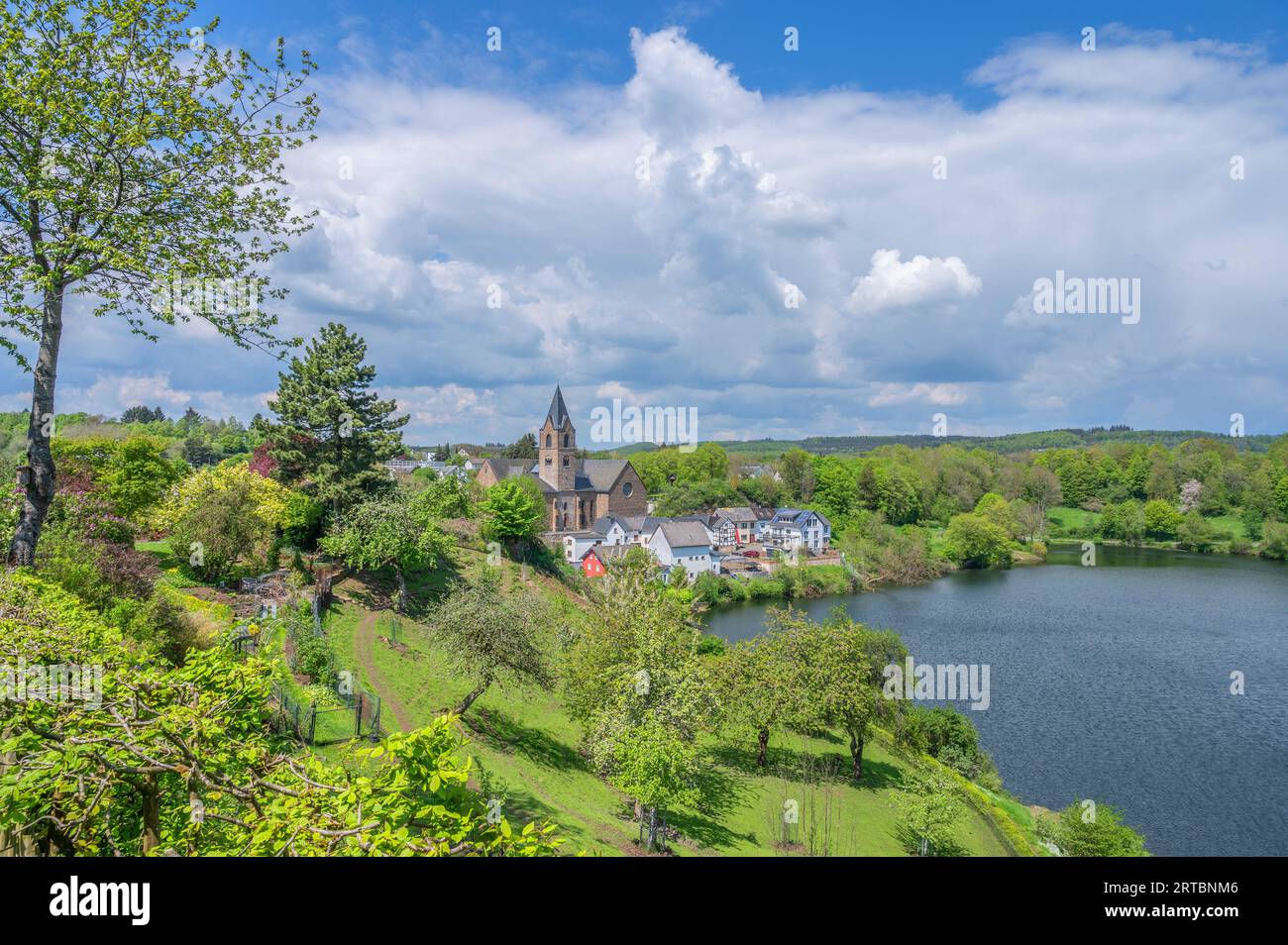 Ulmen Maar with town and parish church of St. Matthias, Ulmen, Eifel ...