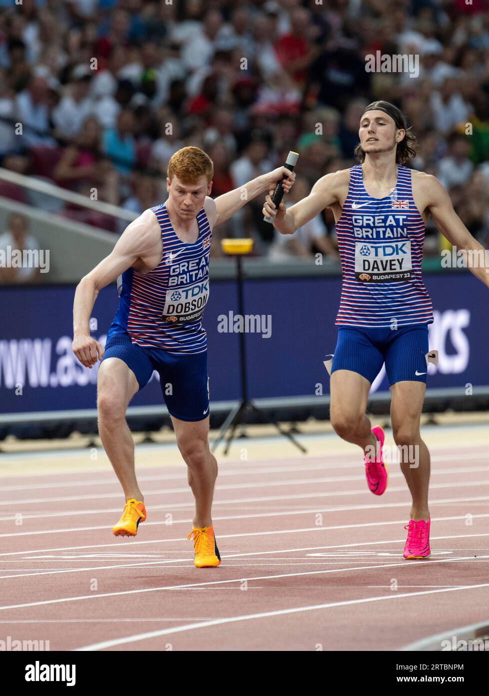 Charles Dobson and Lewis Davey of GB & NI competing in the 4x400m relay ...