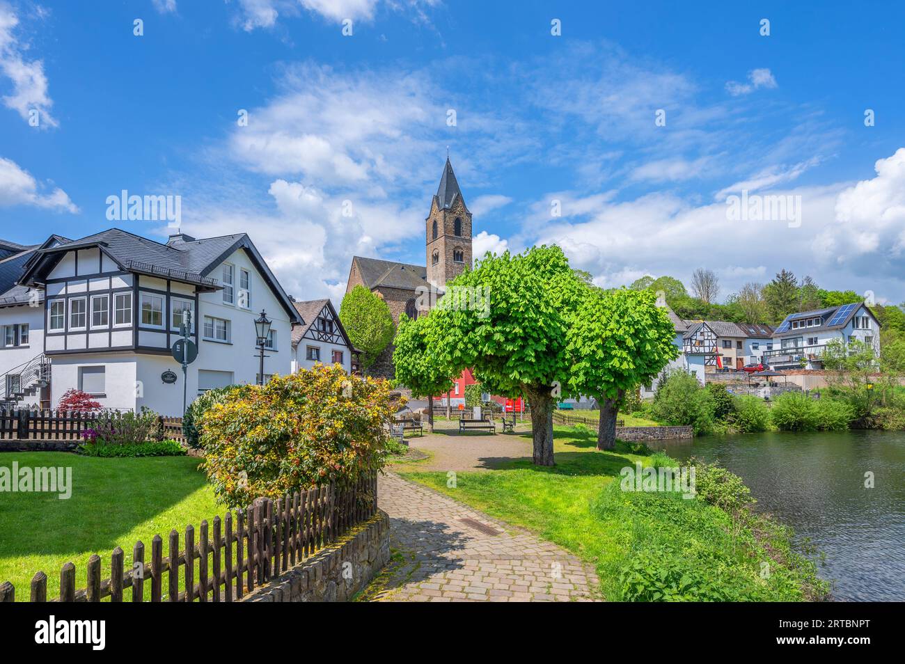 Ulmen Maar with town and parish church of St. Matthias, Ulmen, Eifel ...