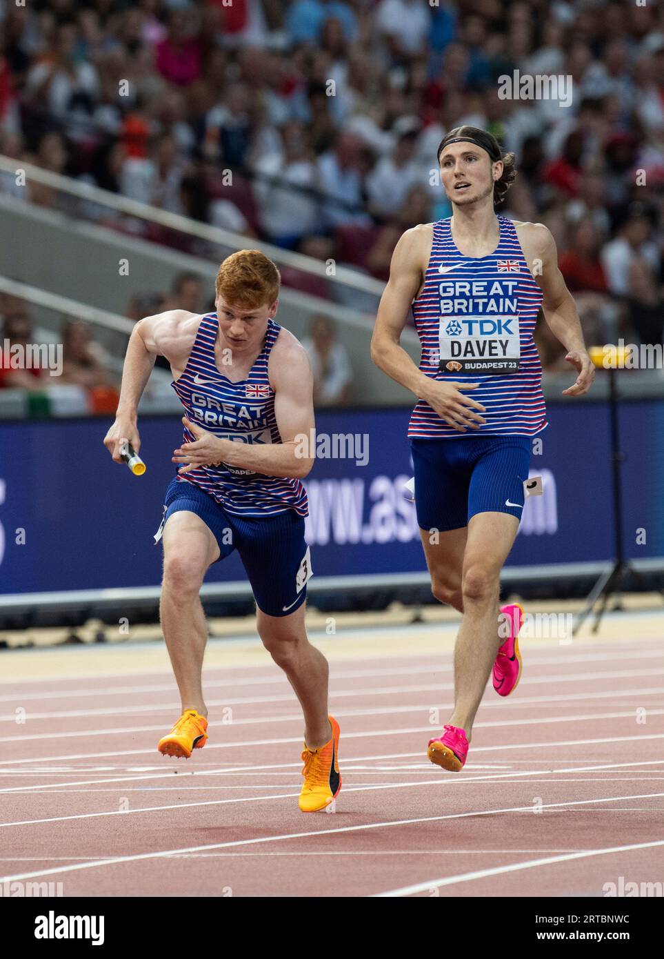 Charles Dobson and Lewis Davey of GB & NI competing in the 4x400m relay ...