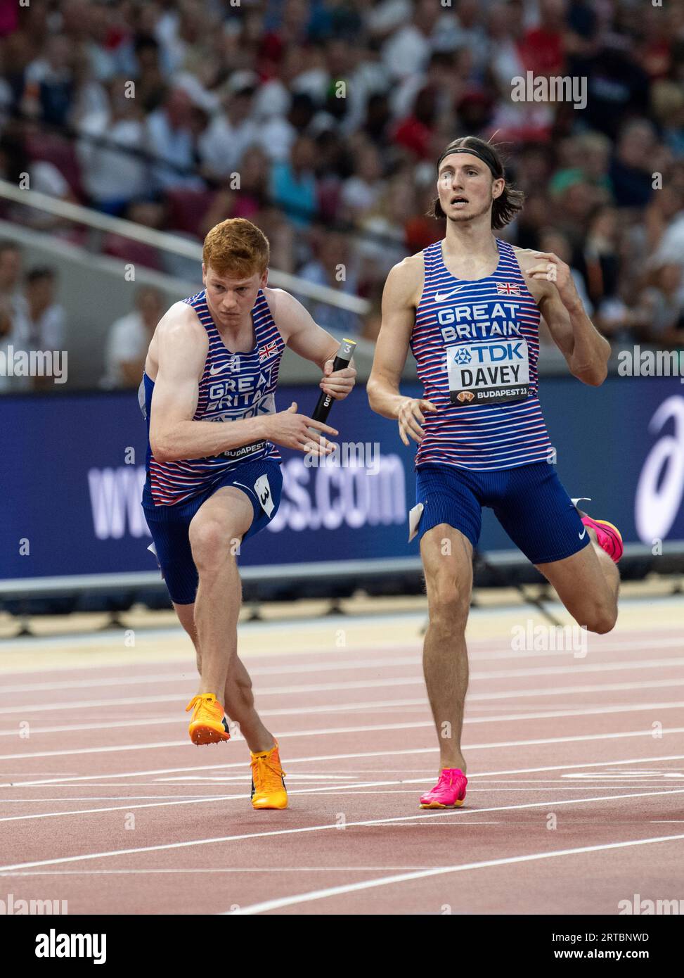 Charles Dobson and Lewis Davey of GB & NI competing in the 4x400m relay ...