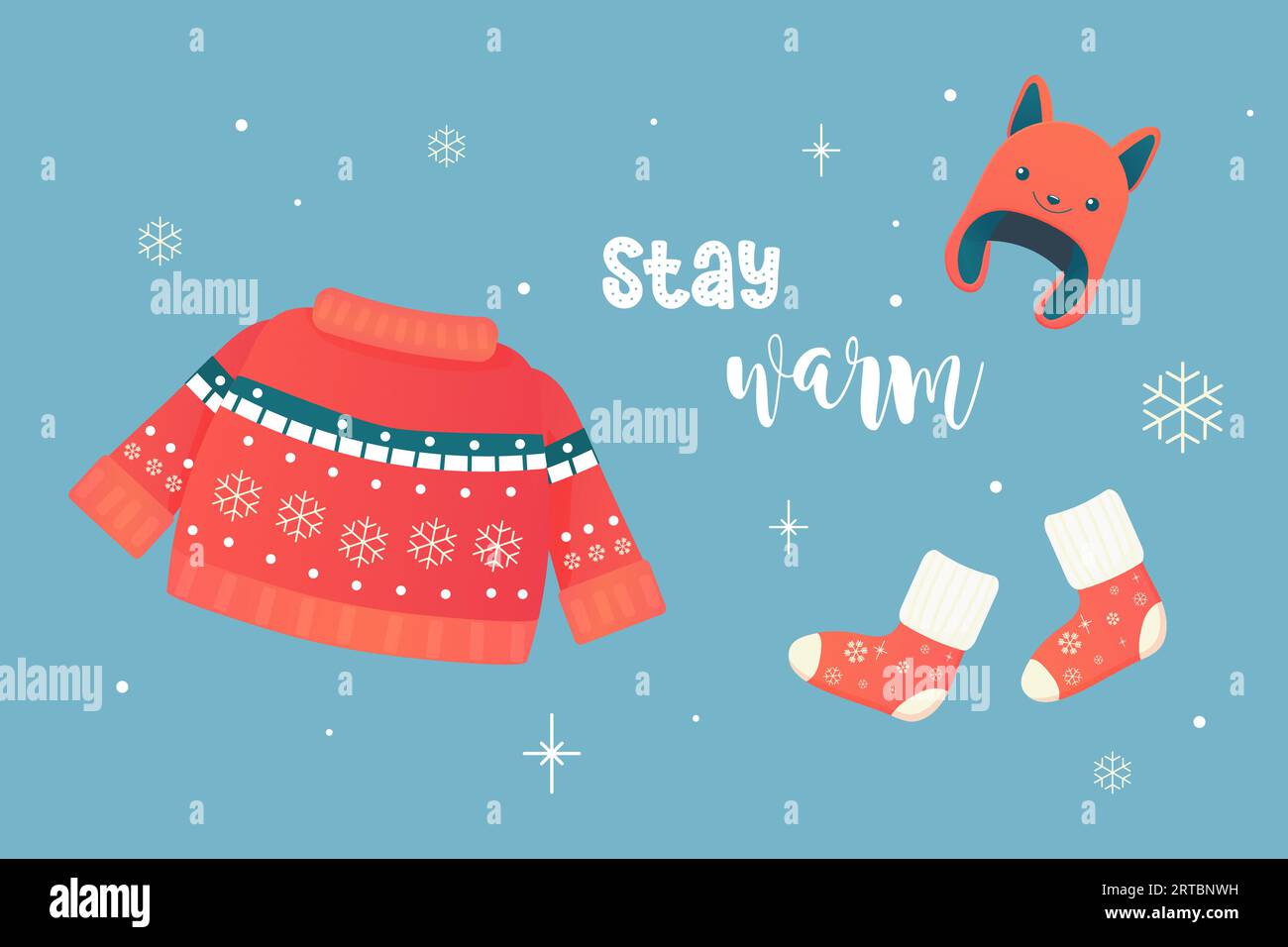 stay warm, clothes, accessories winter socks, jumper, hat. Vector ...