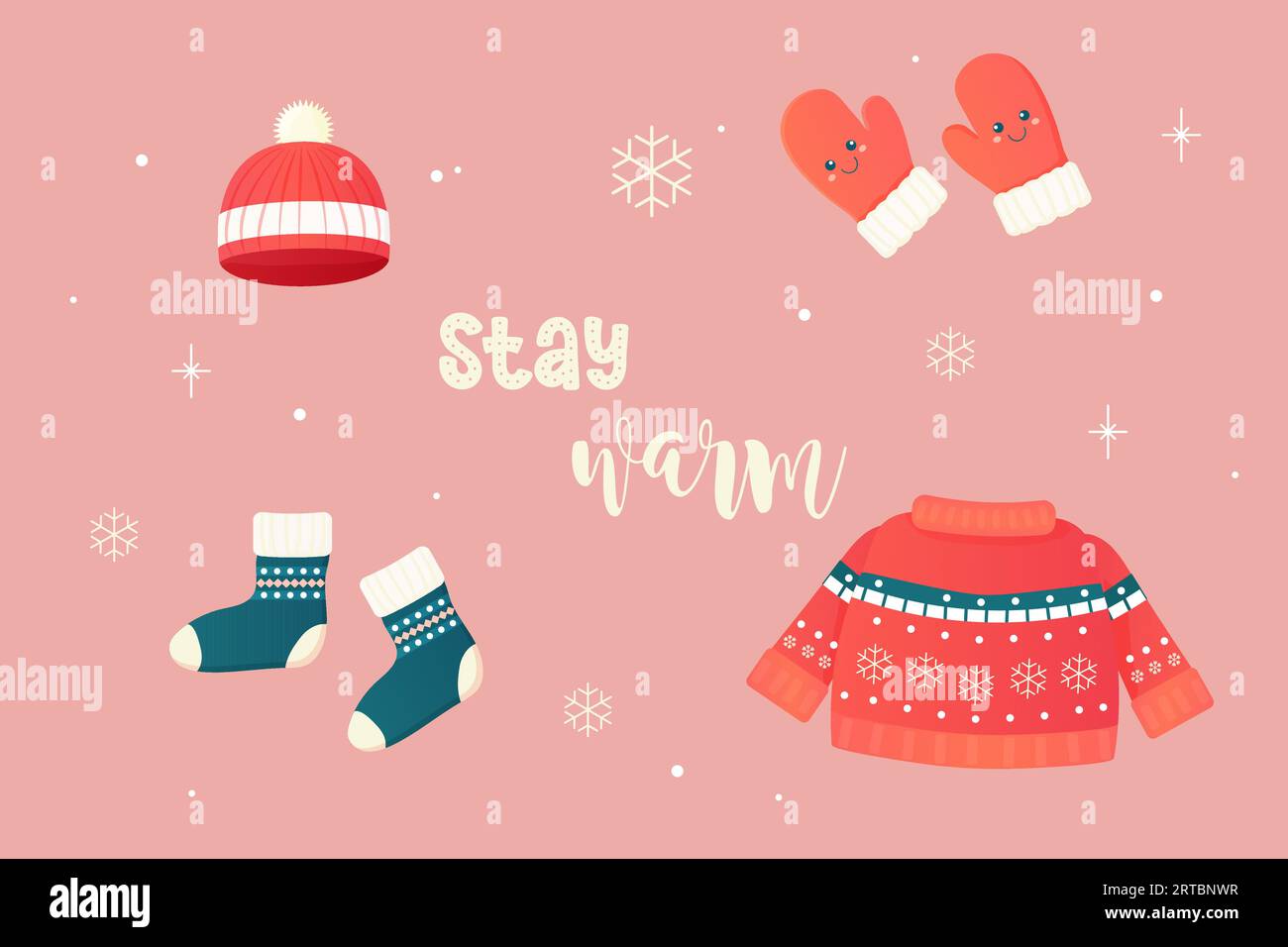 stay warm, clothes, accessories winter socks, jumper, hat. Vector ...