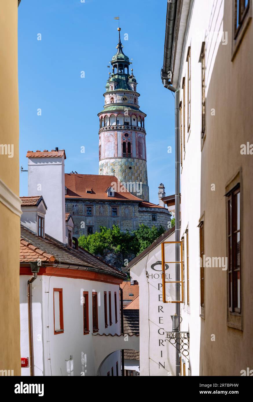 small castle and chateau tower from the Masná alley in Český Krumlov in ...