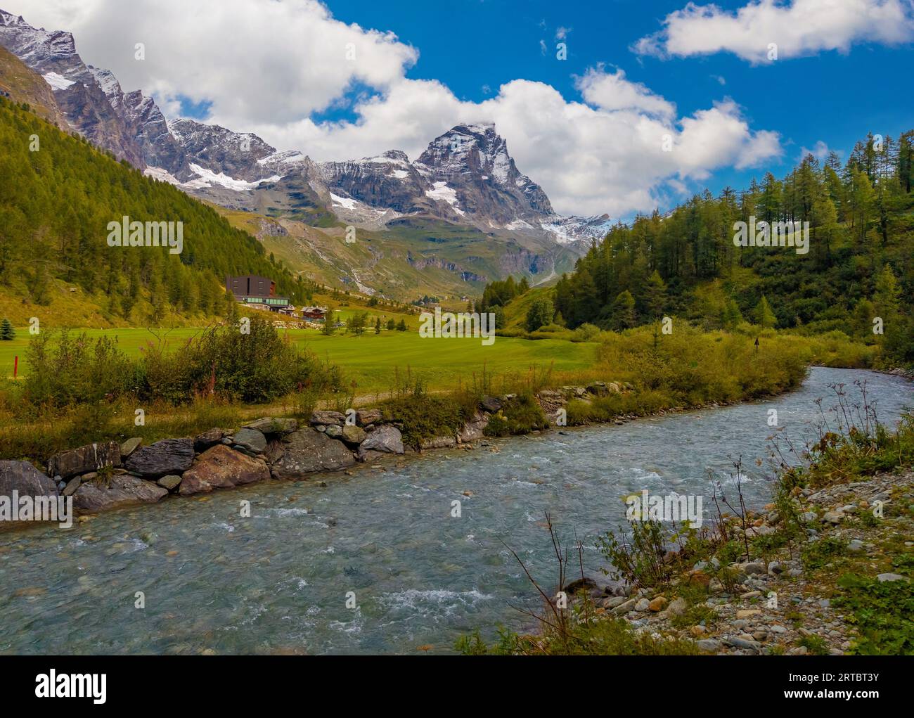 Breuil-Cervinia (Italy) - A view of Cervinia mountain town with Cervino ...