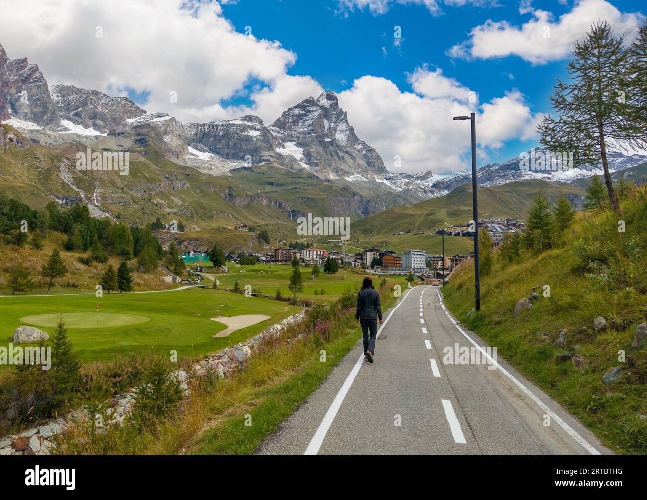 Breuil-Cervinia (Italy) - A view of Cervinia mountain town with Cervino ...