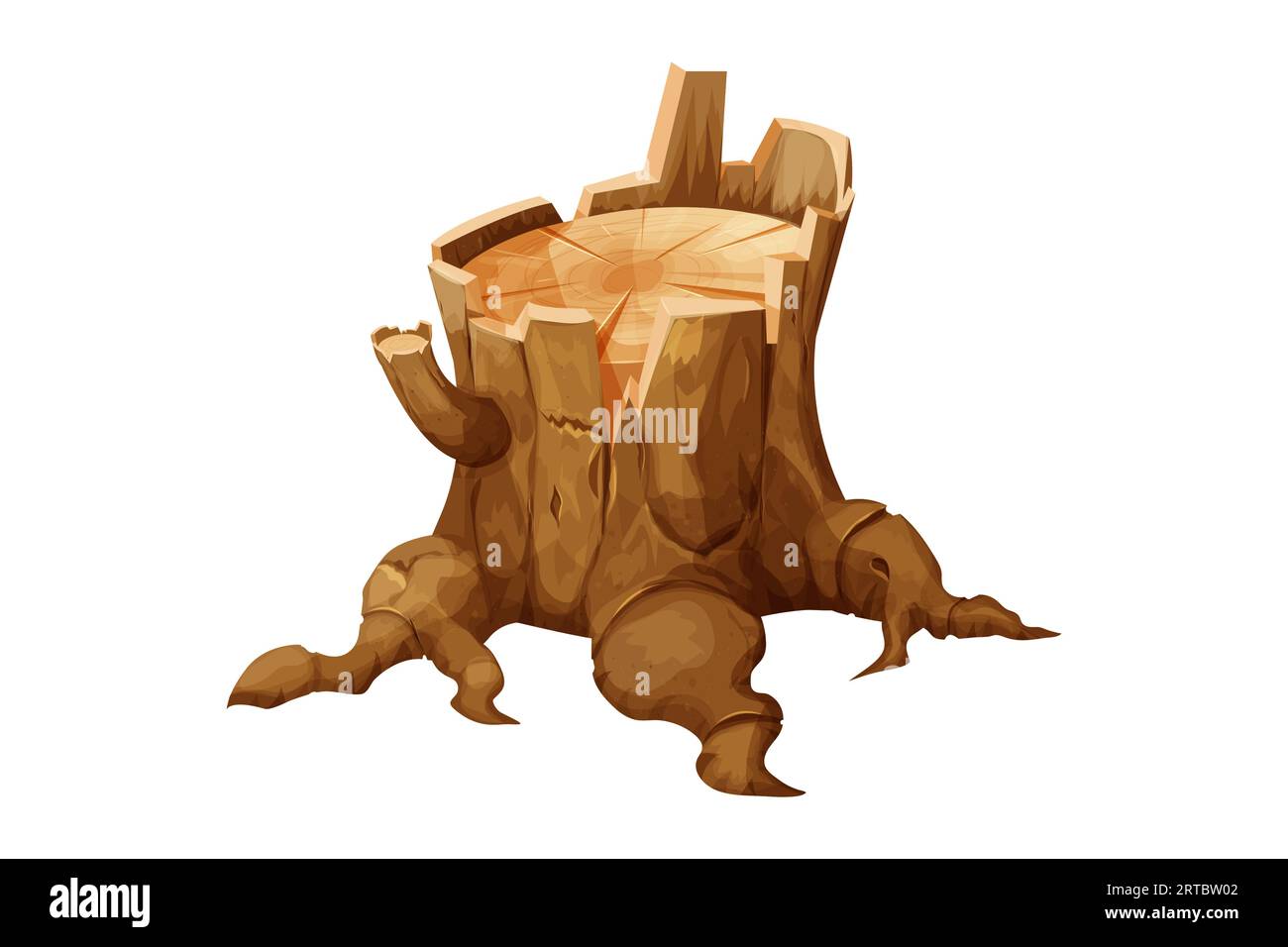 Wooden stump forest tree trunk with roots, cut section in cartoon style isolated. Plant detailed ...