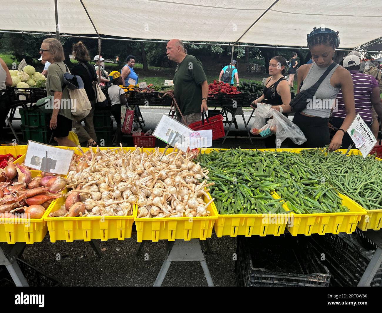 People shop for fresh vegetables and fruits at the Grand Army Plaza ...
