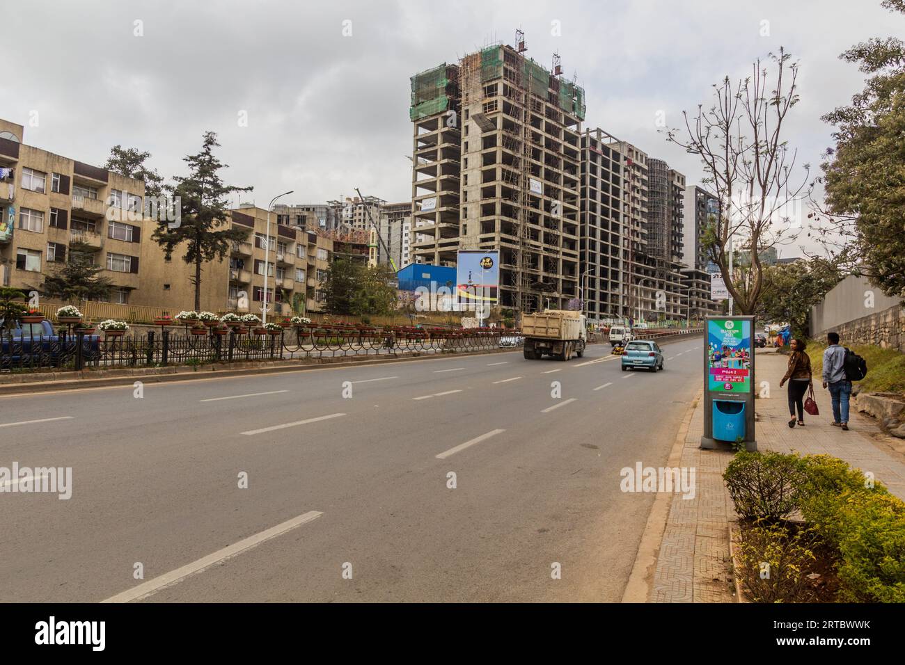 ADDIS ABABA, ETHIOPIA - JANUARY 25, 2020: View of a road in Bole neighborhood of Addis Ababa ...