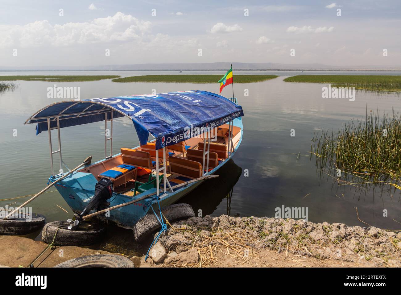 HAWASSA, ETHIOPIA - JANUARY 26, 2020: Small boat at Awassa lake in ...