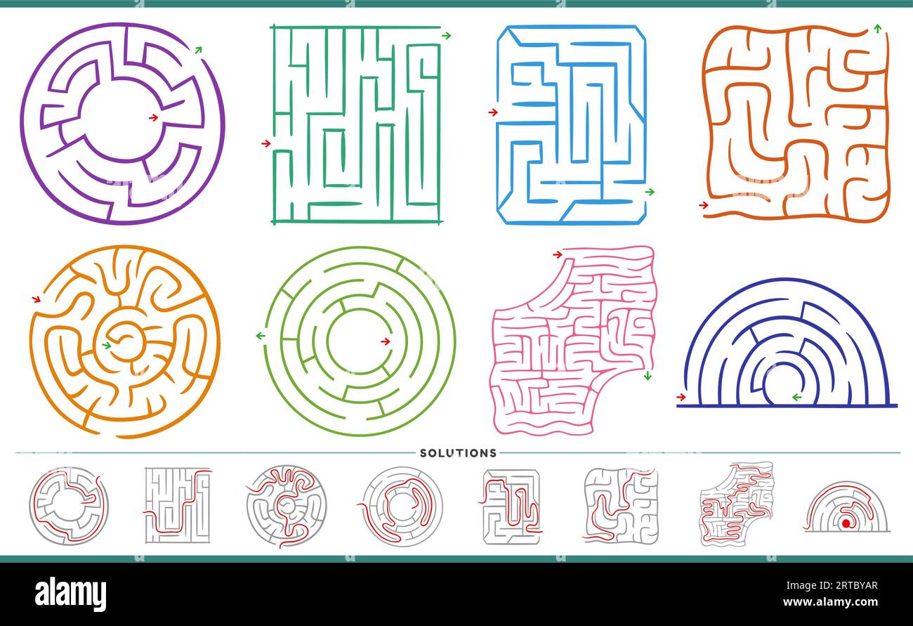 Illustration of maze puzzle activities graphs set with solutions Stock ...