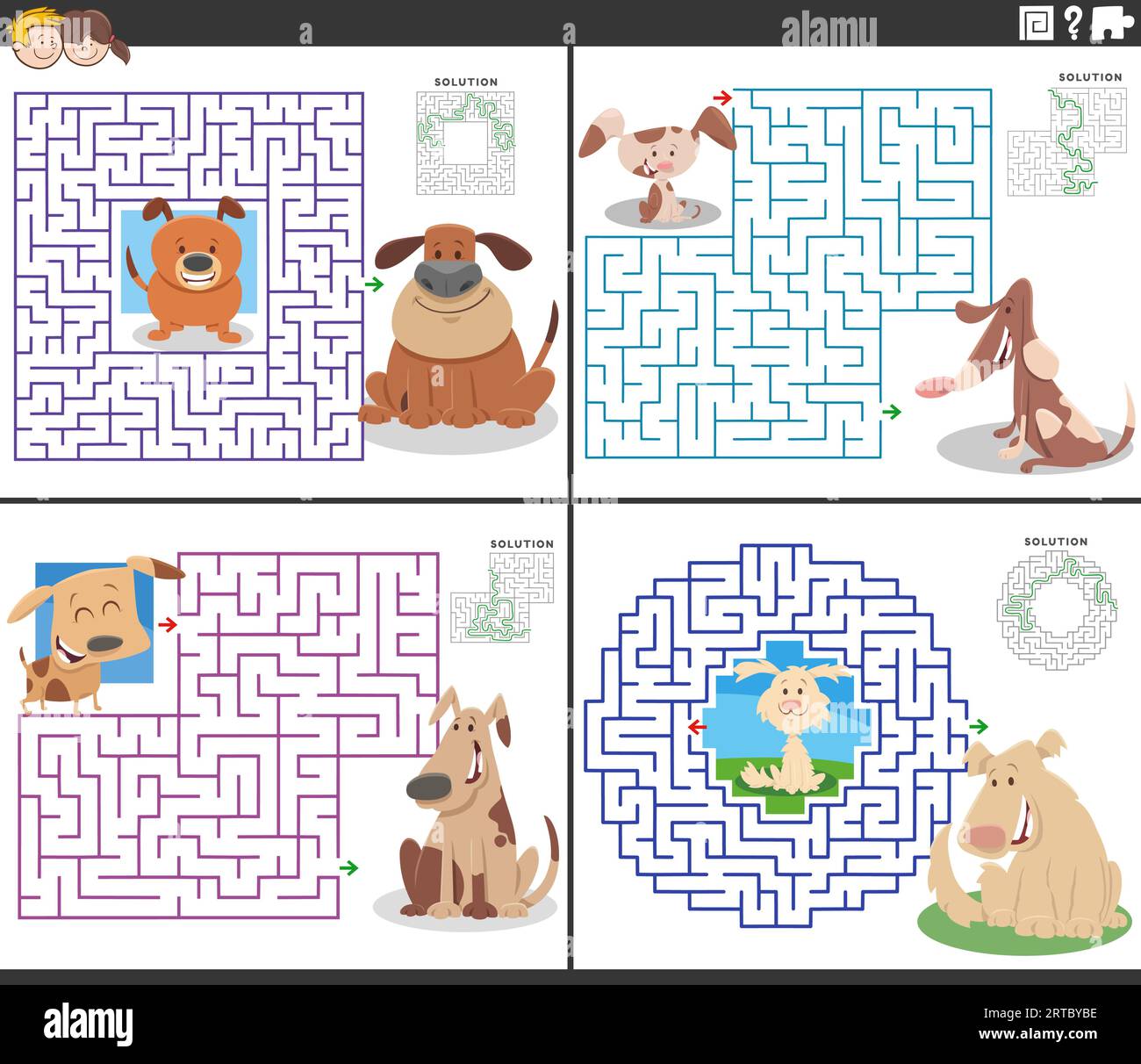 Cartoon illustration of educational maze puzzle activities set with ...