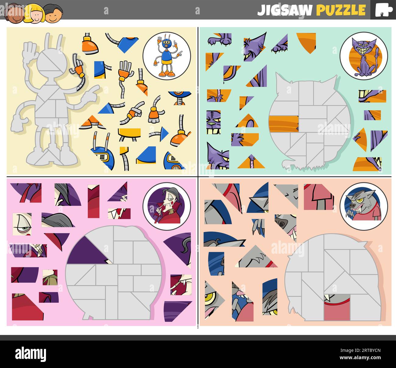 Cartoon illustration of educational jigsaw puzzle games set with ...